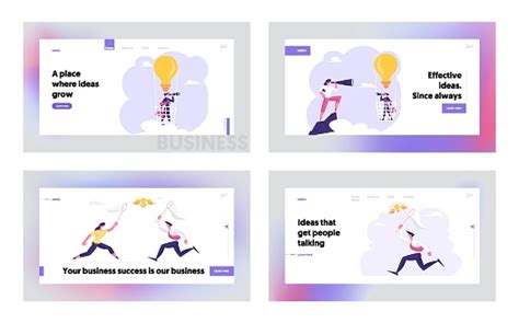 리더십 크리에이티브 아이디어 공모전 웹사이트 랜딩 페이지 세트 경기장에서 달리는 성공적인 비즈니스 사람들 트랙 웹 페이지 배너에 결승선을 교차 하는 리더 만화 플랫 벡터