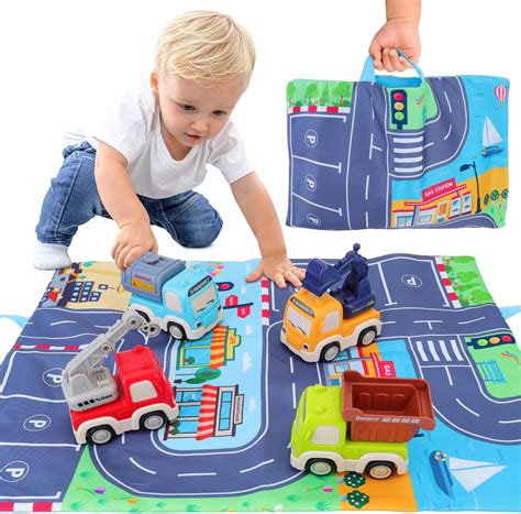 Amazon Com YELUFT Toy Cars For Babes Construction Trucks Toys With Playmat Storage Bag