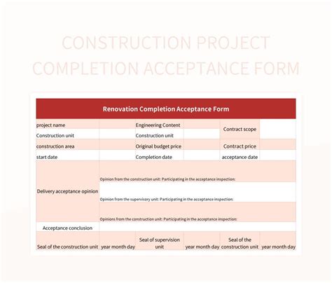 Construction Project Completion Acceptance Form Excel Template And