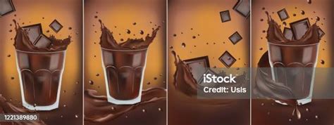 조각 초콜릿 투명 유리에 3d 사실적인 초콜릿 스플래시 다크 초콜릿을 튀기고 핫 초콜릿 코코아 칵테일 또는 커피 음료 디자인 라벨에 대한 배너벡터 일러스트레이션 초콜릿에