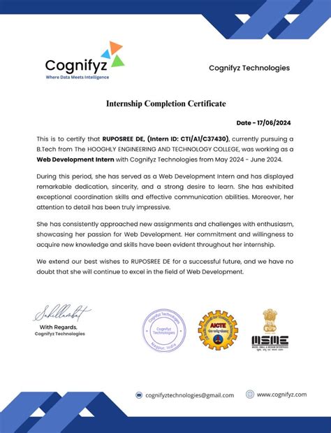 Ruposree De On Linkedin Completion Certificate From Cognifyz Technologies