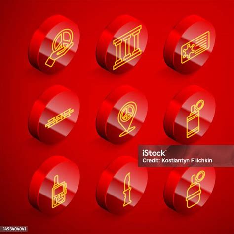 라인 평화 감옥 창 경찰 배지 철조망 위치 평화 수류탄 워키토키 및 군용 칼 아이콘을 설정합니다 벡터 3차원 형태에 대한 스톡 벡터 아트 및 기타 이미지 Istock