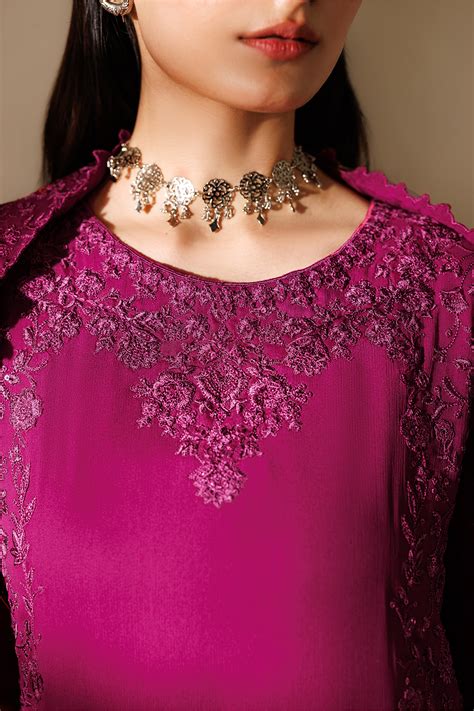 Magenta Pink Embroidered Luxury Chiffon Dress Semi Formals By Iznik