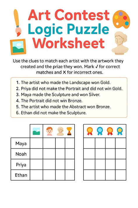 Art Contest Logic Puzzle Worksheet Download And Print Now