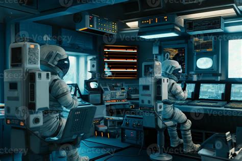 Astronauts Monitoring Space Mission In Hightech Control Room Aboard