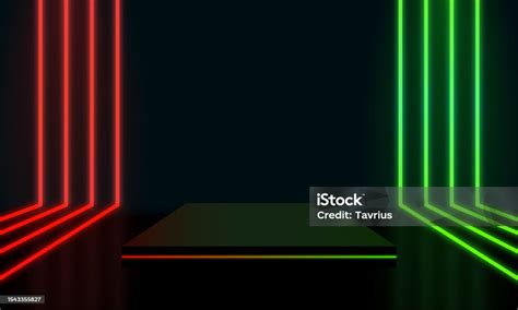 추상적인 사실적인 파란색 3d 실린더 받침대 연단 수직으로 빛나는 네온 조명 라인이있는 공상 과학 어두운 추상 룸 벡터 렌더링 모형 제품 표시 미래 지향적 인 장면