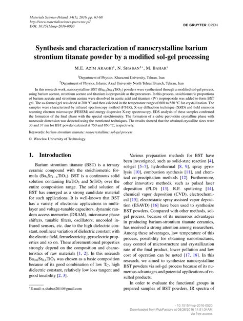 Pdf Synthesis And Characterization Of Nanocrystalline Barium Strontium Titanate Powder By A