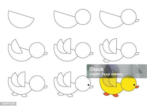 그리는 방법 만화 오리 그리기 가이드 아이들을 위한 간단한 단계별 그리기 튜토리얼 0명에 대한 스톡 벡터 아트 및 기타 이미지