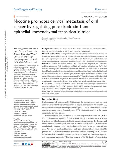 Pdf Nicotine Promotes Cervical Metastasis Of Oral Cancer By Regulating Peroxiredoxin 1 And