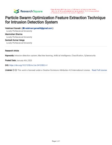 Pdf Particle Swarm Optimization Feature Extraction Technique For Intrusion Detection System