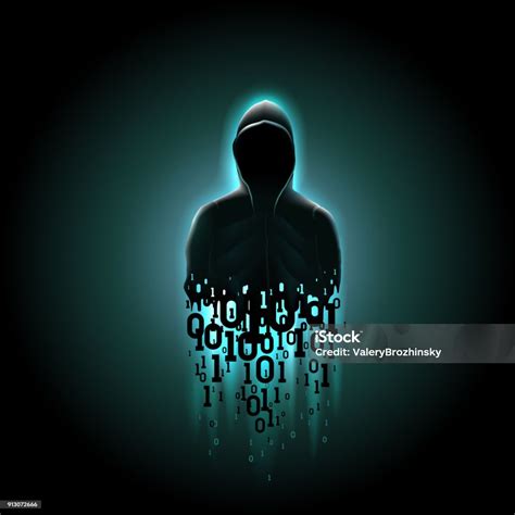 바이너리 코드는 빛나는 파란 배경 컴퓨터 시스템의 해킹 데이터의 도난에 후드에 해커의 실루엣 컴퓨터 해커에 대한 스톡 벡터 아트 및 기타 이미지 Istock