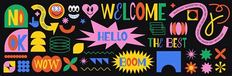 90년대 잔혹한 스타일의 순진한 추상 모양 스티커 복고풍 만화 스타일의 타이포그래피가 있는 기하학적 요소 장난기 넘치는 일러스트레이션 컴퓨터 글자에 대한 스톡 벡터 아트 및