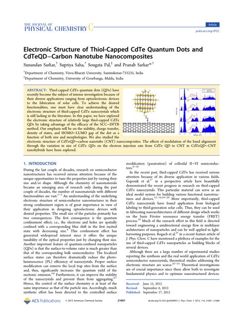 Pdf Electronic Structure Of Thiol Capped Cdte Quantum Dots And Cdteqdcarbon Nanotube