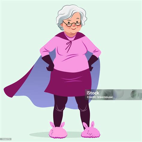 슈퍼 히어로의 할머니는 엉덩이에 손으로 서 있는 의상 벡터 만화 그림입니다 친절 하 고 자신감을 웃는 백인 고위 여자 케이프 토끼 슬리퍼를 입고 생활 습관 노년 건강 테마