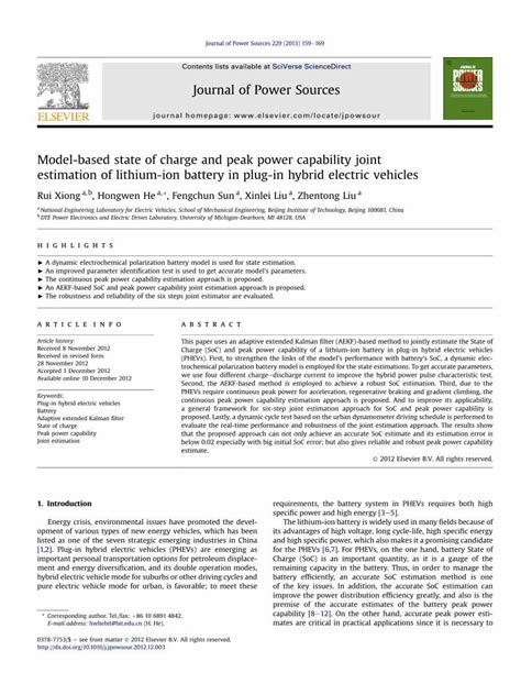 PDF Model Based State Of Charge And Peak Power Capability Joint Estimation Of Lithium Ion