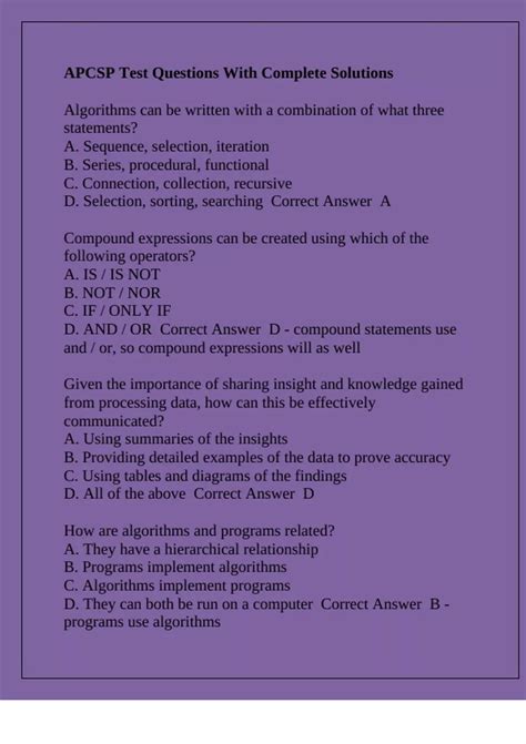 Apcsp Test Questions With Complete Solutions Apcsp Stuvia Us