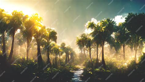 나뭇잎 그림자를 통해 일몰 태양 광선에 이국적인 열대 야자수 열대 숲 이국적인 숲 배경 녹색 오아시스 3d 그림 프리미엄 사진