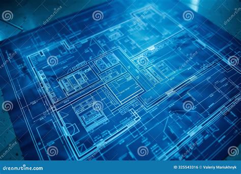 Detailed Blue Architectural Blueprint Showing Technical Drawings And