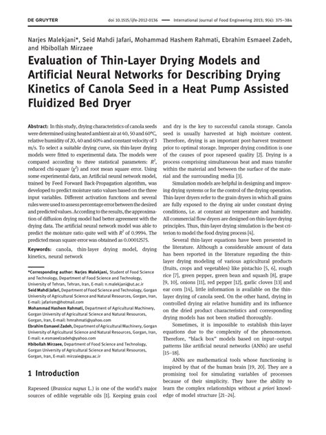 Pdf Evaluation Of Thin Layer Drying Models And Artificial Neural Networks For Describing