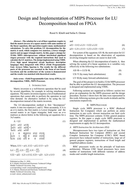 Pdf Design And Implementation Of Mips Processor For Lu Decomposition Based On Fpga