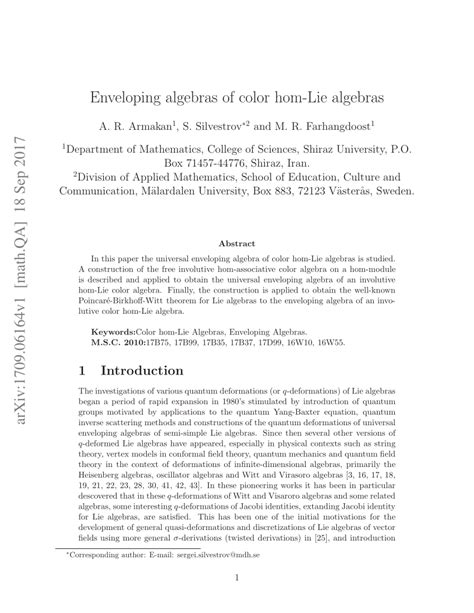Pdf Enveloping Algebras Of Color Hom Lie Algebras