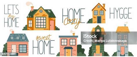 만화 코티지 및 레터링 세트 손으로 그린 홈 외관 텍스처 프론드 뷰와 문구 귀여운 밝은 타운 하우스와 시골 컬렉션의 가족 집 부동산 플랫 벡터 일러스트 가정 생활에 대한