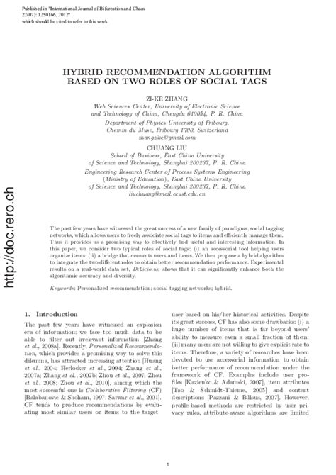 Pdf Hybrid Recommendation Algorithm Based On Two Roles Of Social Tags
