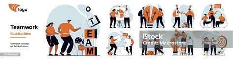 플랫 웹 디자인에서 설정된 사람들 장면 메가와 팀워크 개념 프로젝트에서 일하는 팀과의 캐릭터 상황 묶음 브레인스토밍 타겟팅