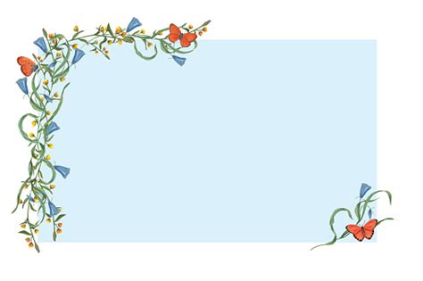 수채화 꽃 나비는 흰색 배경에 분리되어 있으며 텍스트는 파란색 프레임입니다 생일을 위한 텍스트 공간 웨딩 카드 디자인 초대장 템플릿이 있는 축제 식물 그림 0명에 대한 스톡