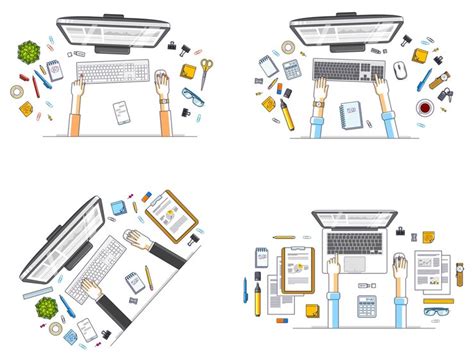 Pc 컴퓨터에서 작업하는 사무원 또는 기업가 사람의 손과 다양한 문구 물건이 있는 작업 공간 책상의 상단 보기 모든 요소는