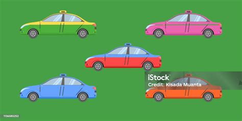 타이어 택시 캡 자동차 운송 서비스 여객 차량 유형 옐로우 그린 퍼플 블루 오렌지 레드 벡터 일러스트 거리에 대한 스톡 벡터 아트 및 기타 이미지 Istock