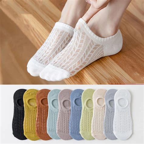5 Pairs 여성 여름 얇은 메쉬 양말 슬리퍼 비 슬립 실리콘 보이지 않는 발목 양말 여성 솔리드 컬러 코튼 아니 쇼 보트