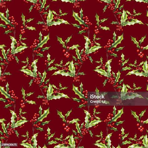 수채화 전통적인 완벽 한 크리스마스 패턴입니다 호랑가시나무 식물 전나무 나무 녹색 잎 빨간 열매 새해 식물 디자인 생태 장식 섬유 포장지 배경 인쇄 가능 0명에 대한 스톡