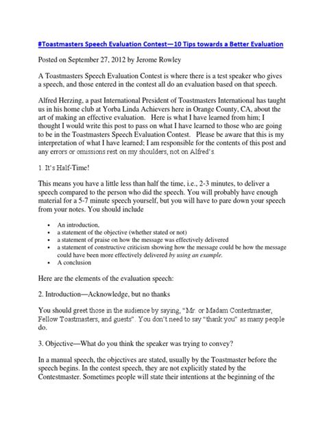 Toastmasters Speech Evaluation Contest Evaluation Cognitive Science