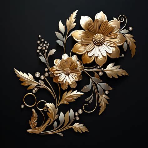 Premium Photo Gold Floral Ornament With Flowers And Leaves On Black