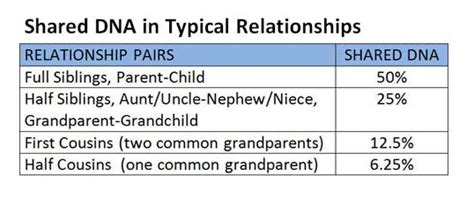 Autosomal Dna Predicted Percentages Of Shared Dna For Dna Tests Of