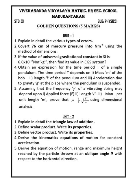 5 Marks Xi Std Physics Golden Question Pdf Acceleration Equations