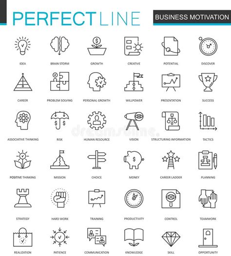 Business Motivation Thin Line Web Icons Set Brain Productivity