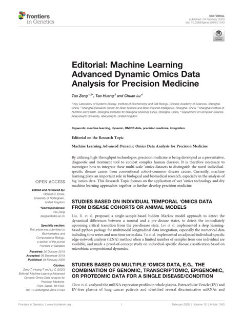 Pdf Editorial Machine Learning Advanced Dynamic Omics Data Analysis