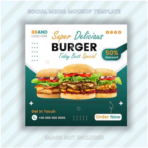 음식 메뉴 디자인과 맛있는 햄버거 소셜 미디어 포스트 프로모션 스 ⁇ 어 배너 Psd 프리미엄 벡터
