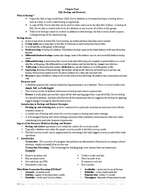 Chapter Four Advan Database Pdf Backup Database Transaction