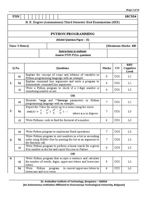 Python Model Question Paper 2 Pdf Parameter Computer Programming