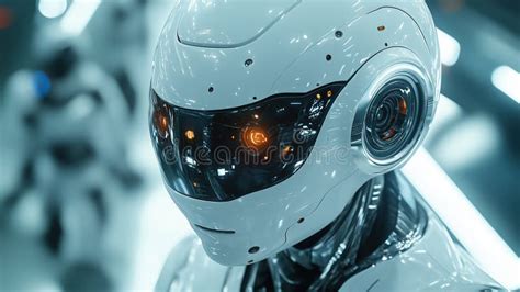 Close Up Of Humanoid Robot With Glowing Orange Sensors Stock Image Image Of Engineering Face