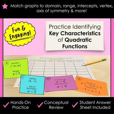 Characteristics Of Quadratic Functions Algebra Matching Task Card