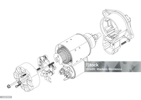 흑백의 자동차 스타터 구성 요소 흰색 배경에 격리 된 3d 렌더링 단면도에 대한 스톡 벡터 아트 및 기타 이미지 단면도 등측투영법 디지털 생성 이미지 Istock