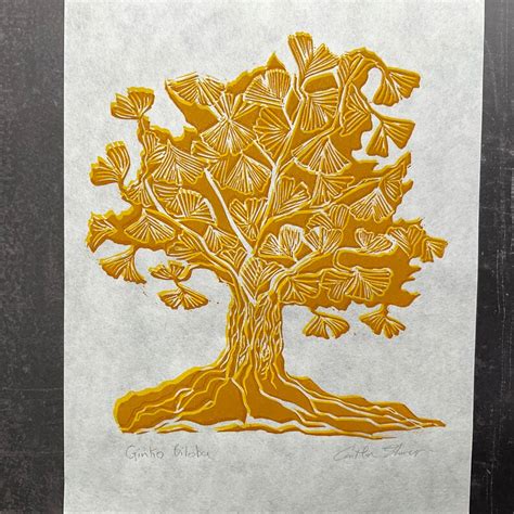 Ginkgo Leaf Linocut Print Handprinted Yellow Lino Print Tree Etsy