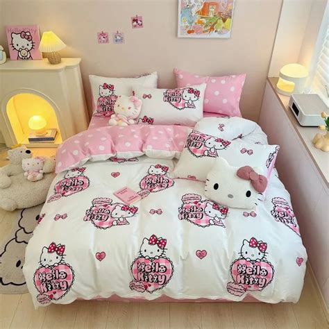 Sanrio Hello Kitty Bedding Set Cute Cotton Four Piece Double Queen Size Pillowcase Bed Linens
