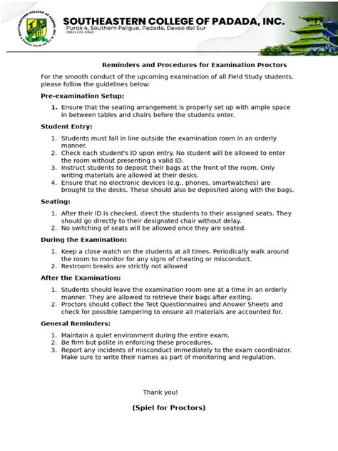 Reminders And Procedures For Examination Proctors Pdf