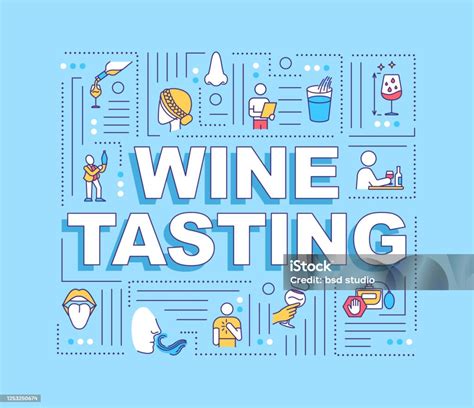 와인 시음 단어 개념 배너 레스토랑에 참석하기에 적합한 매너와 에티켓 청록색 배경에 선형 아이콘이 있는 인포그래픽 격리된 타이포그래피 벡터 개요 Rgb 색상 그림 개념에