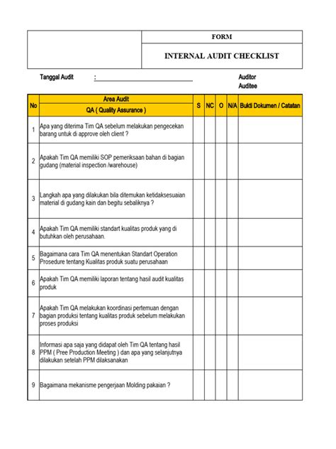 qa checklist audit internal pdf